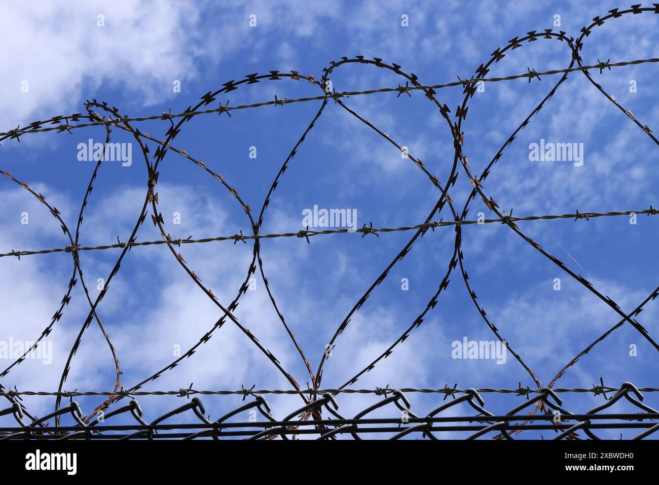 Razor wire and barbed wire defence above tall fences (not shown) and ...