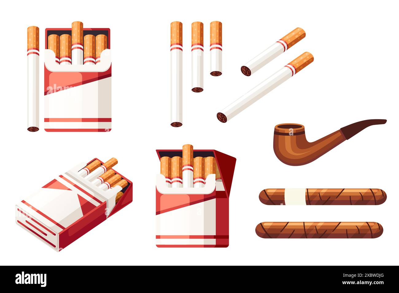 Set of Cigarette in cardboard box with wooden smoking pipe and cigar ...