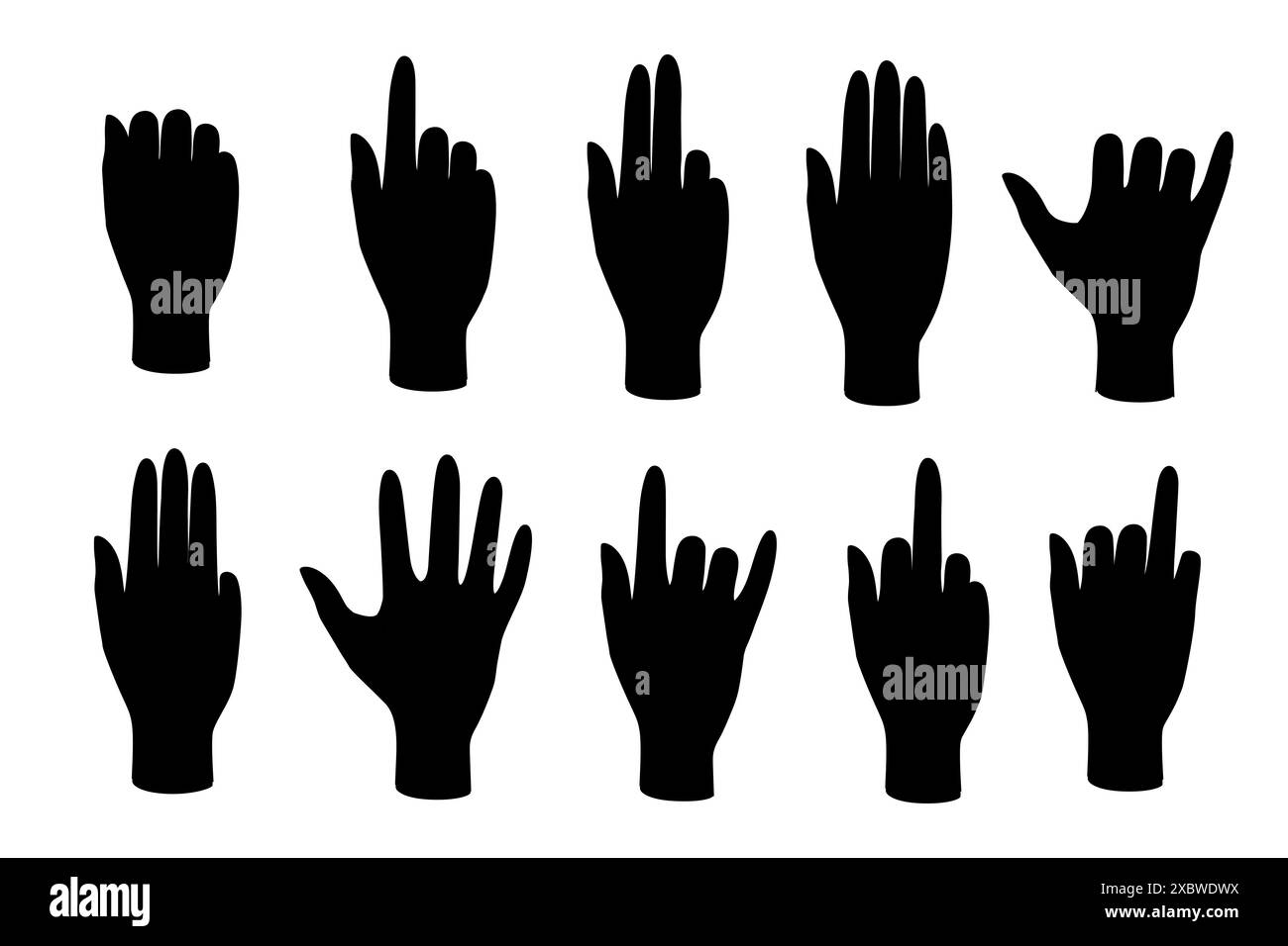 Black silhouette set of human hand palm gestures vector illustration isolated on white ...