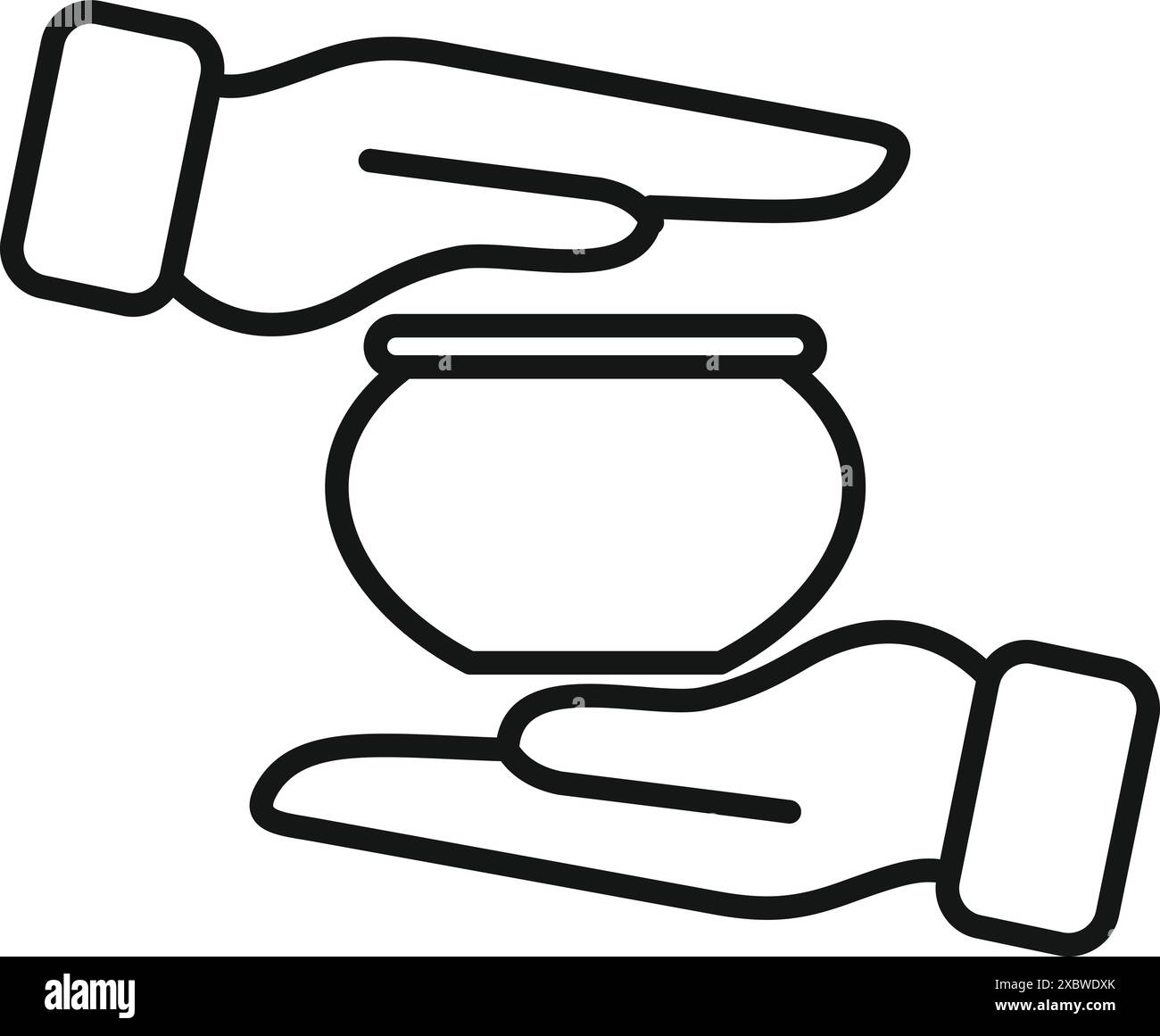 Line icon of two hands protecting a pot full of money, representing ...