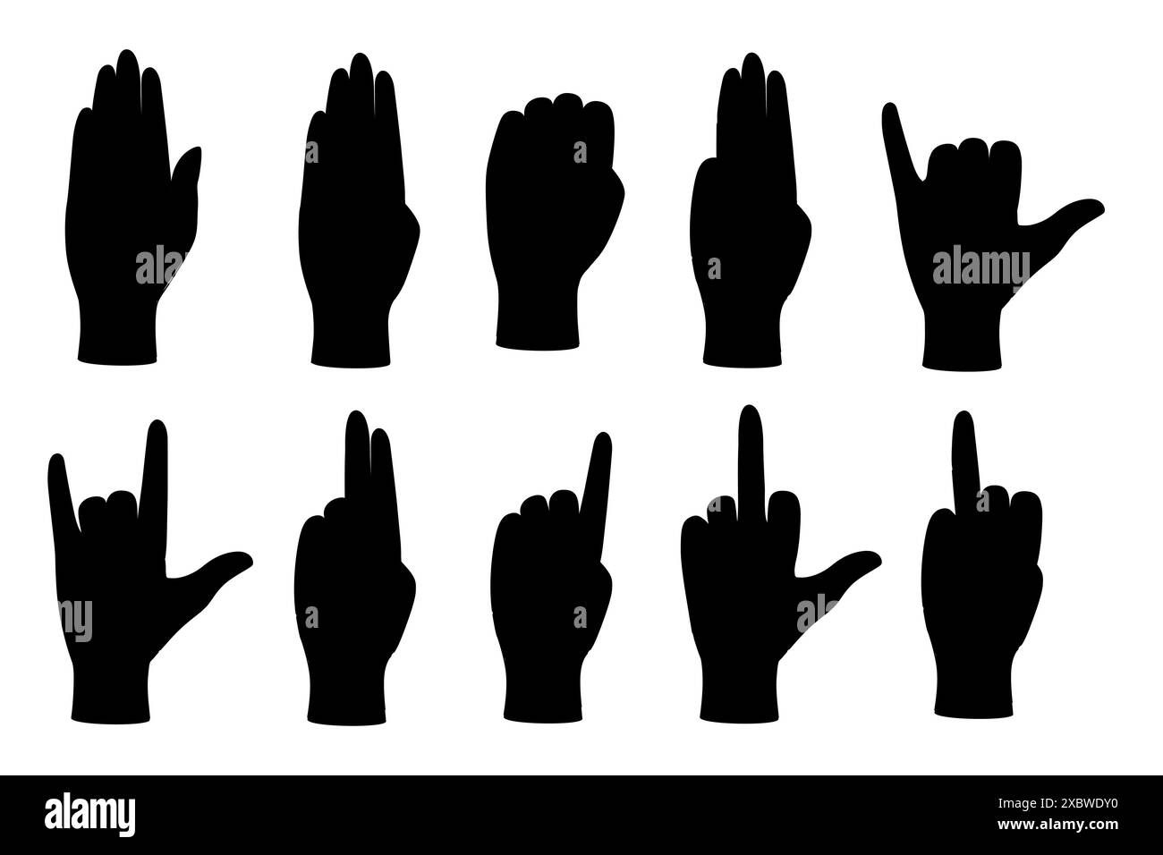 Black silhouette set of human hand palm gestures vector illustration isolated on white ...
