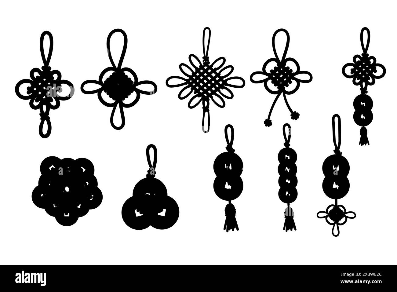 Black silhouette set of Chinese asian tradition luck knot with golden ...