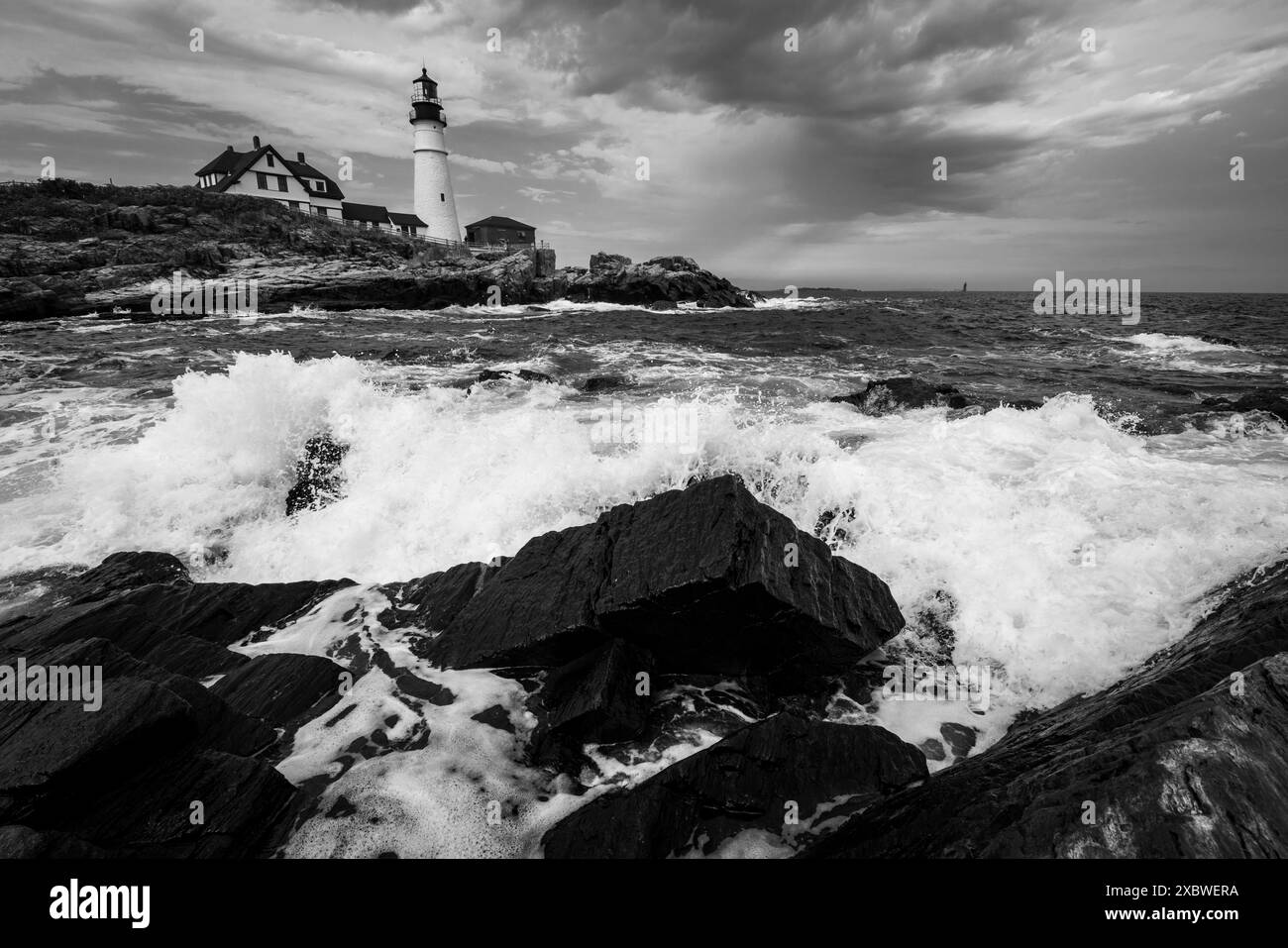 Seascape lighthouse on coast Black and White Stock Photos & Images - Alamy