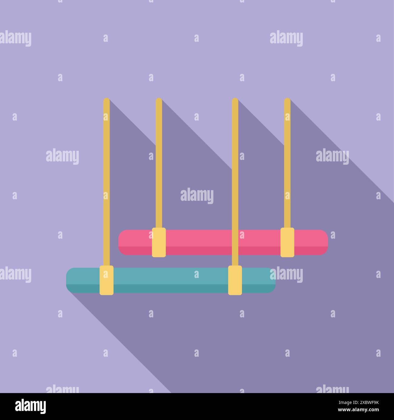 Empty double swing set is hanging on a purple background, casting a ...