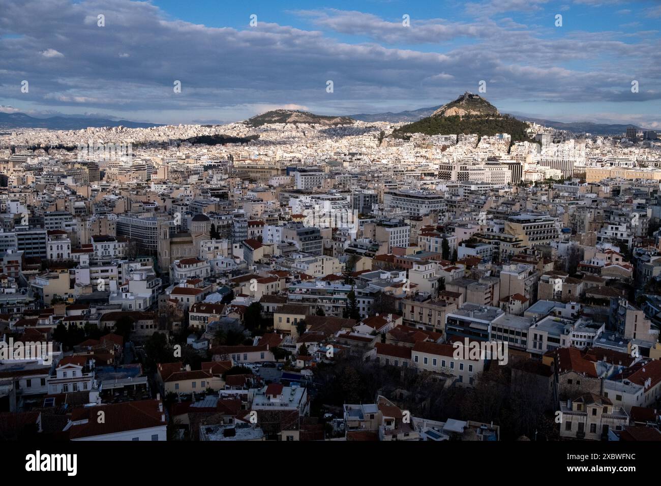 View of Lycabetta or Lykavittos hill from the Acropolis in Athens ...
