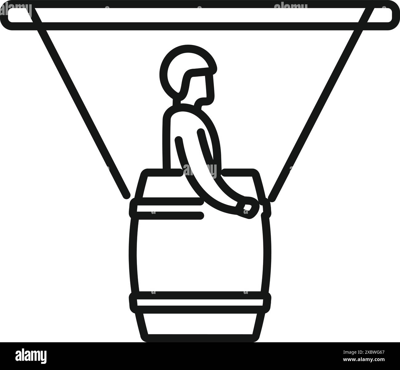 Stuntman standing on a barrel hanging on ropes performing a dangerous ...