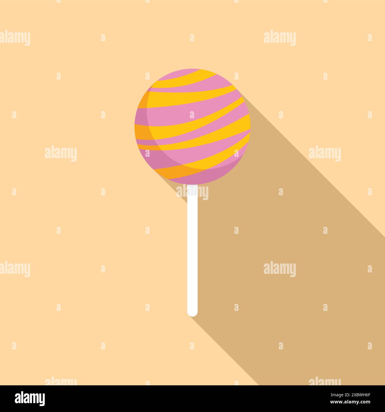 Round pink and yellow lollipop with long shadow casting on a beige ...