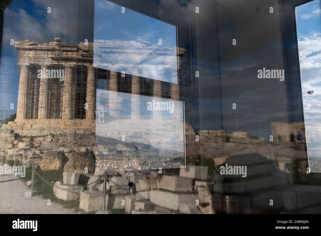 Reflection of the Parthenon temple on the Acropolis and the city of ...
