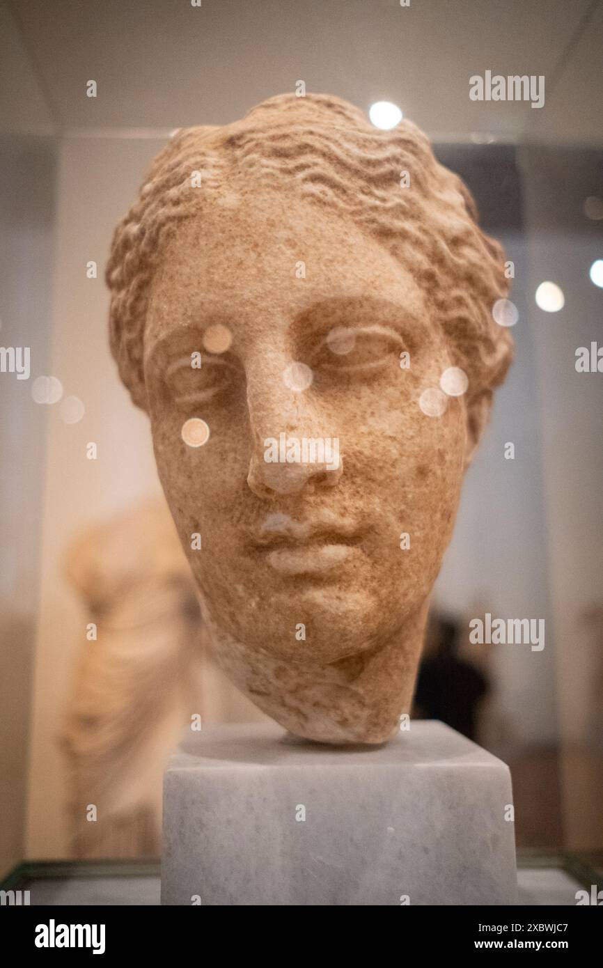 The head of an ancient statue of Hygieia, goddess of health, in white ...