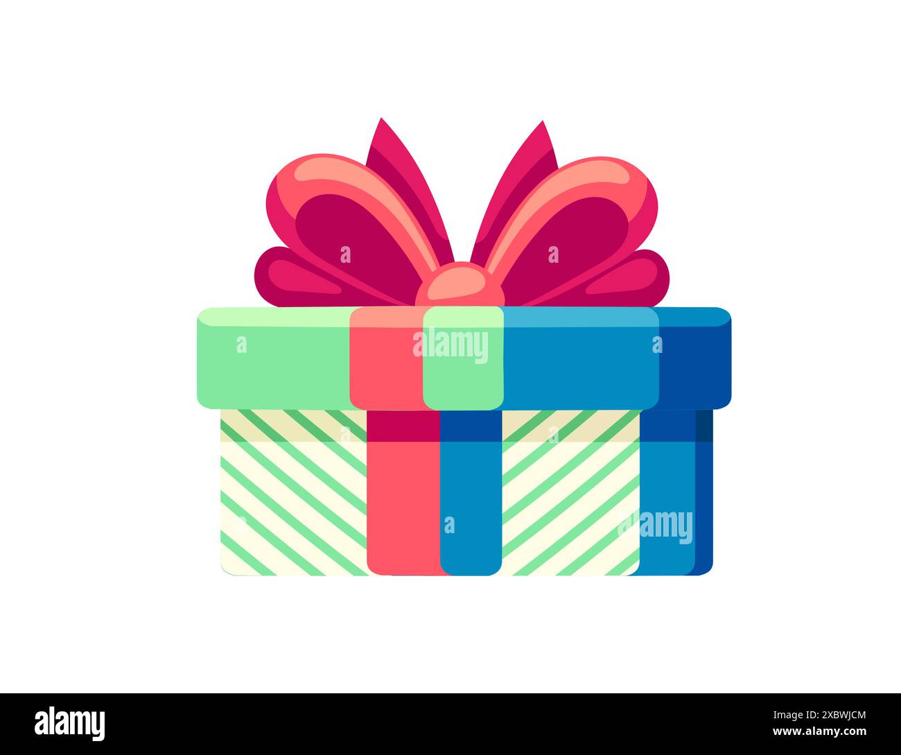 Green striped gift box with red ribbon vector illustration isolated on ...