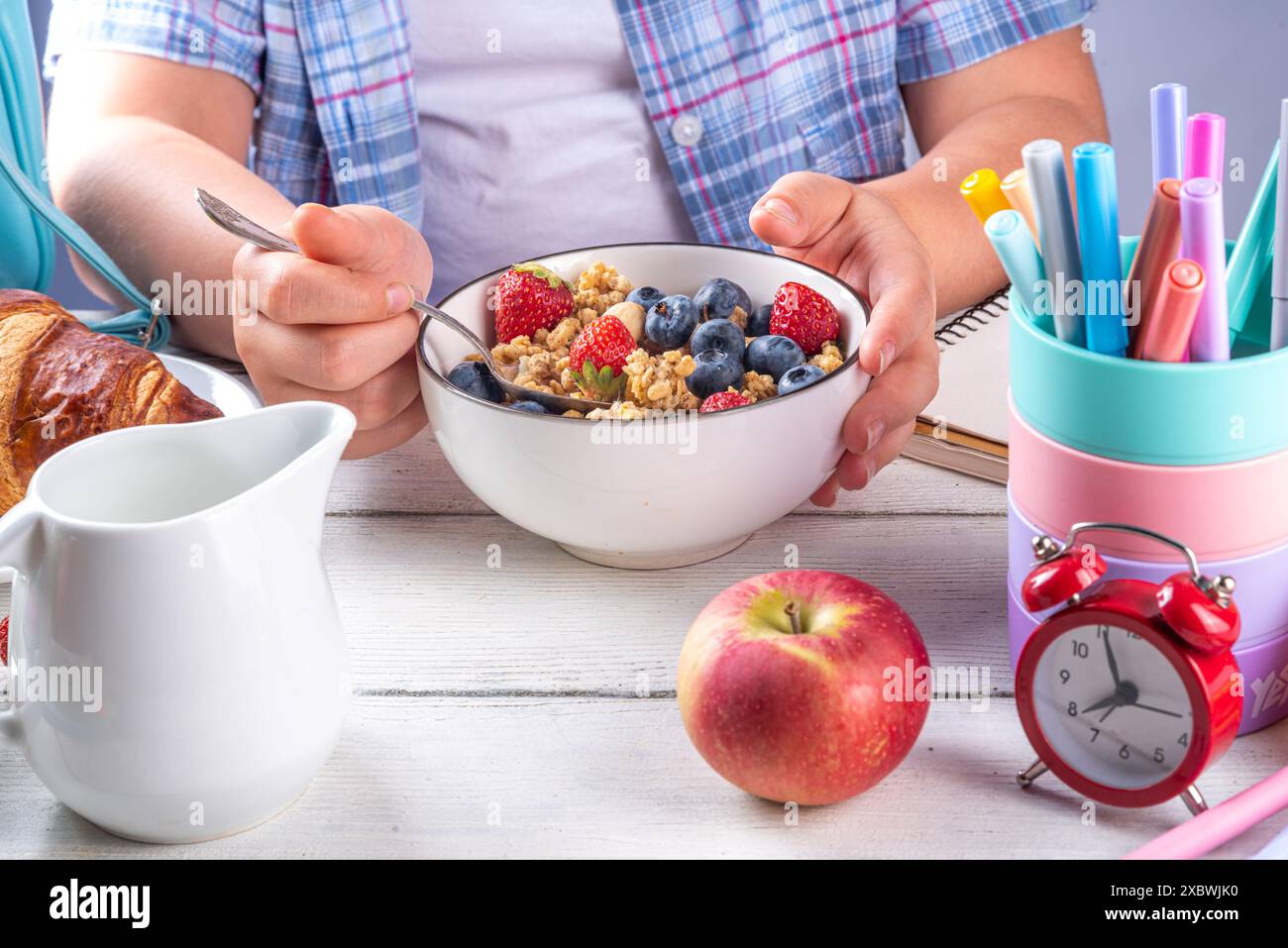 Healthy nutritious morning breakfast for school kids, with fresh fruits ...