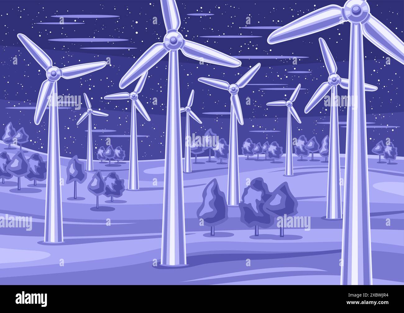 Vector illustration of Night Wind Power Farm, horizontal poster with ...