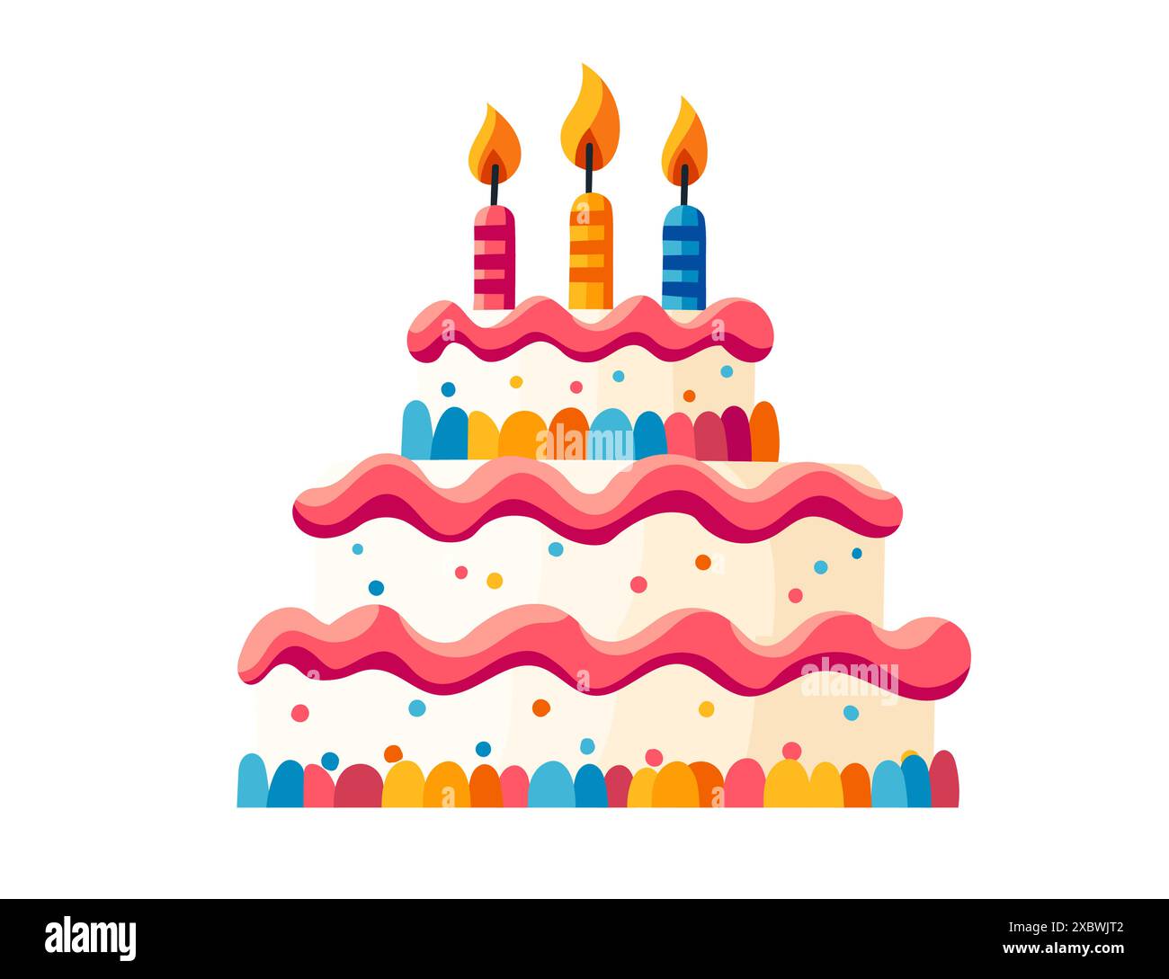 Triple layer birthday cake with three burning candle vector ...
