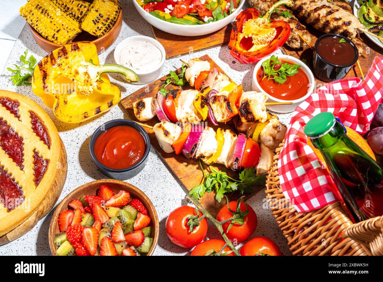 Various picnic barbeque food and drink flatlay. Summer bbq picnic food ...