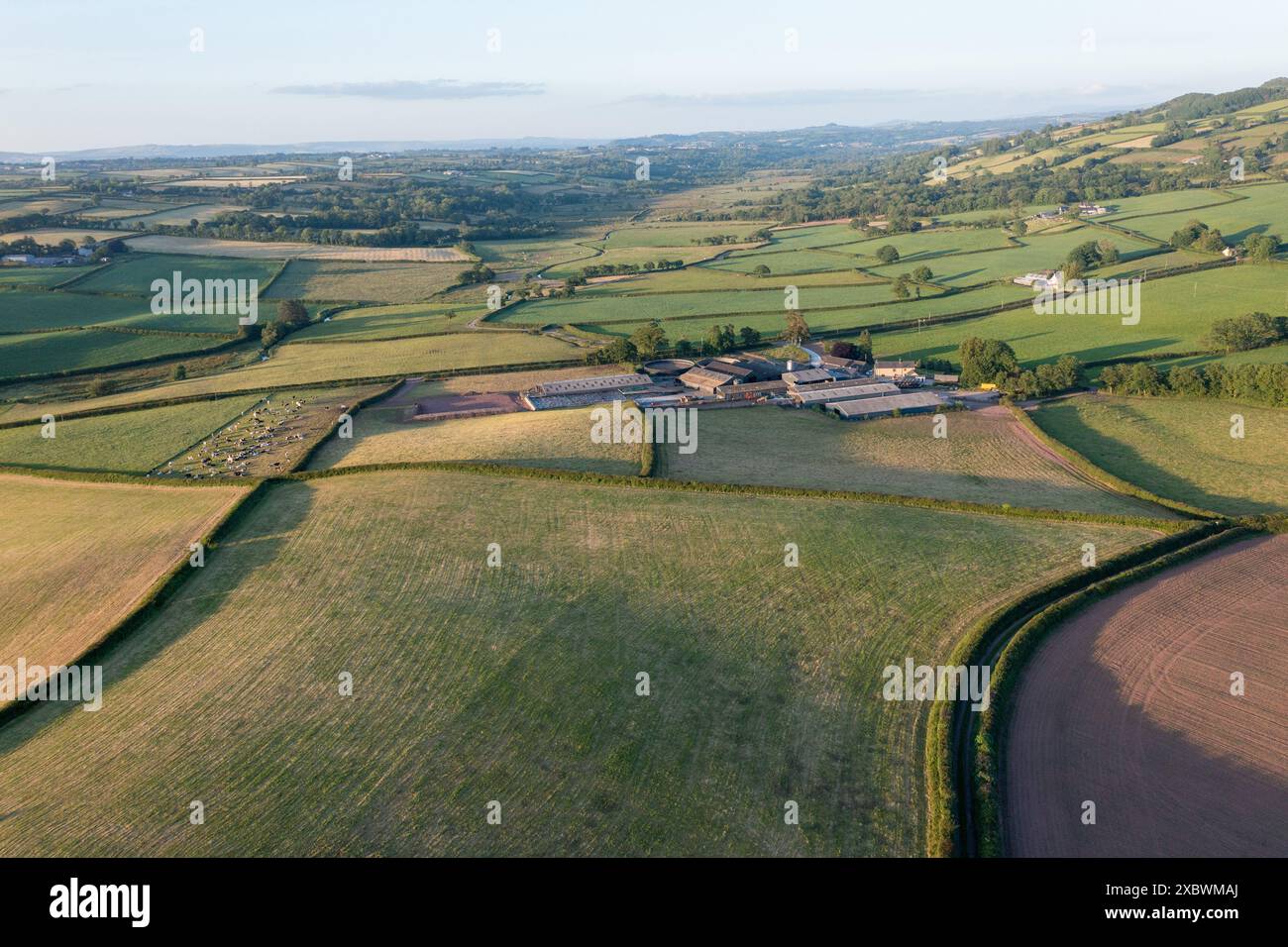 Aerial view of intensive dairy farm in the Gwendraeth Valley ...