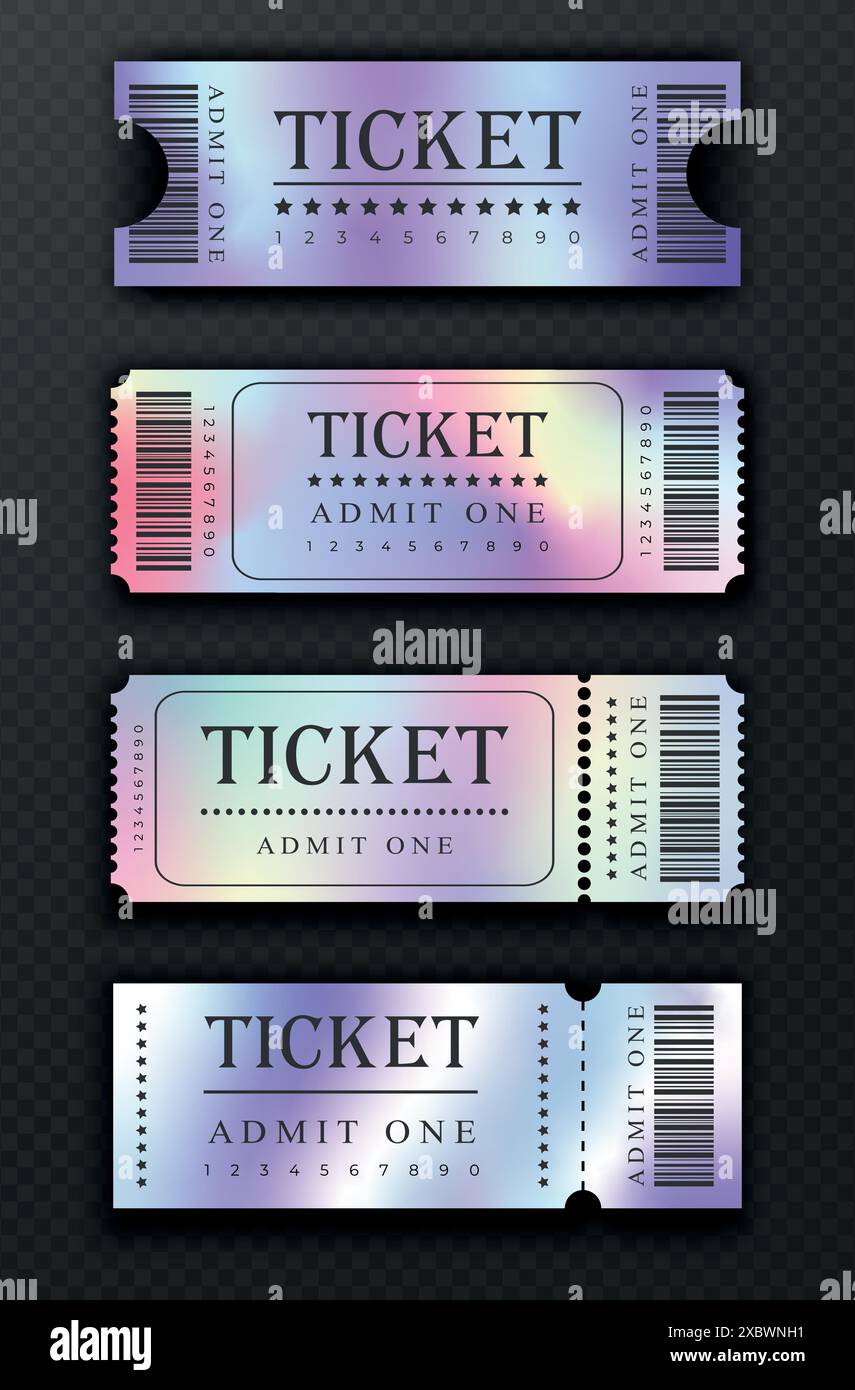 Set of abstract tickets of different gradient and holographic design. Tickets with barcodes ...