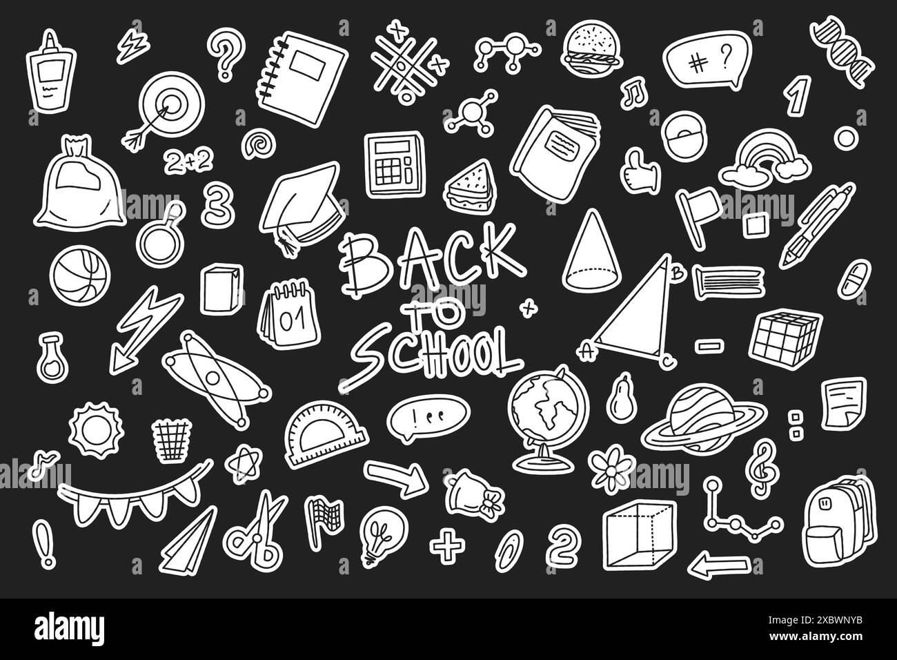Set of back to school doodle stickers on dark background. Vector ...