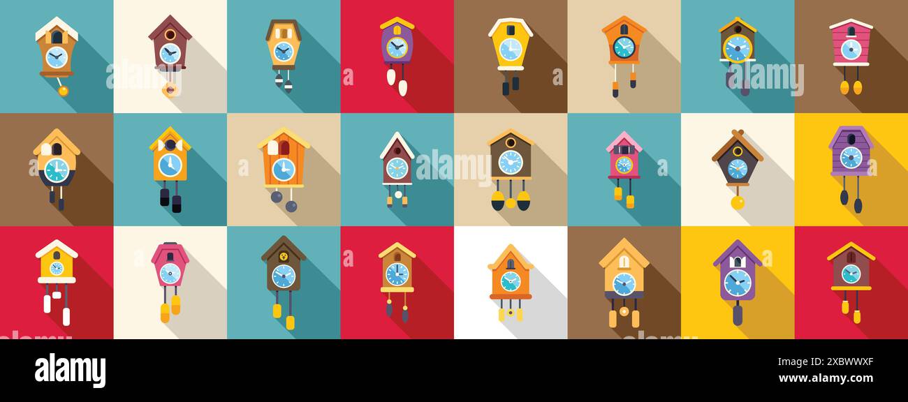 Cuckoo Clock icons set. Variety of cuckoo clocks are displayed, each ...