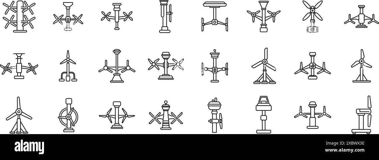tidal energy icons set. Set of wind turbine icons showing different ...