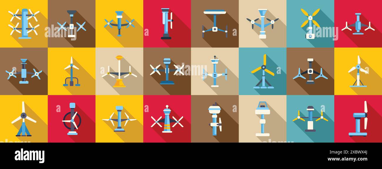 tidal energy icons set. Collection of wind turbines generating clean ...
