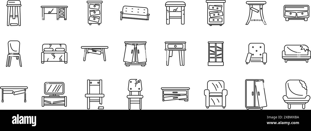 broken furniture icons set. Broken furniture set with damaged old sofa ...