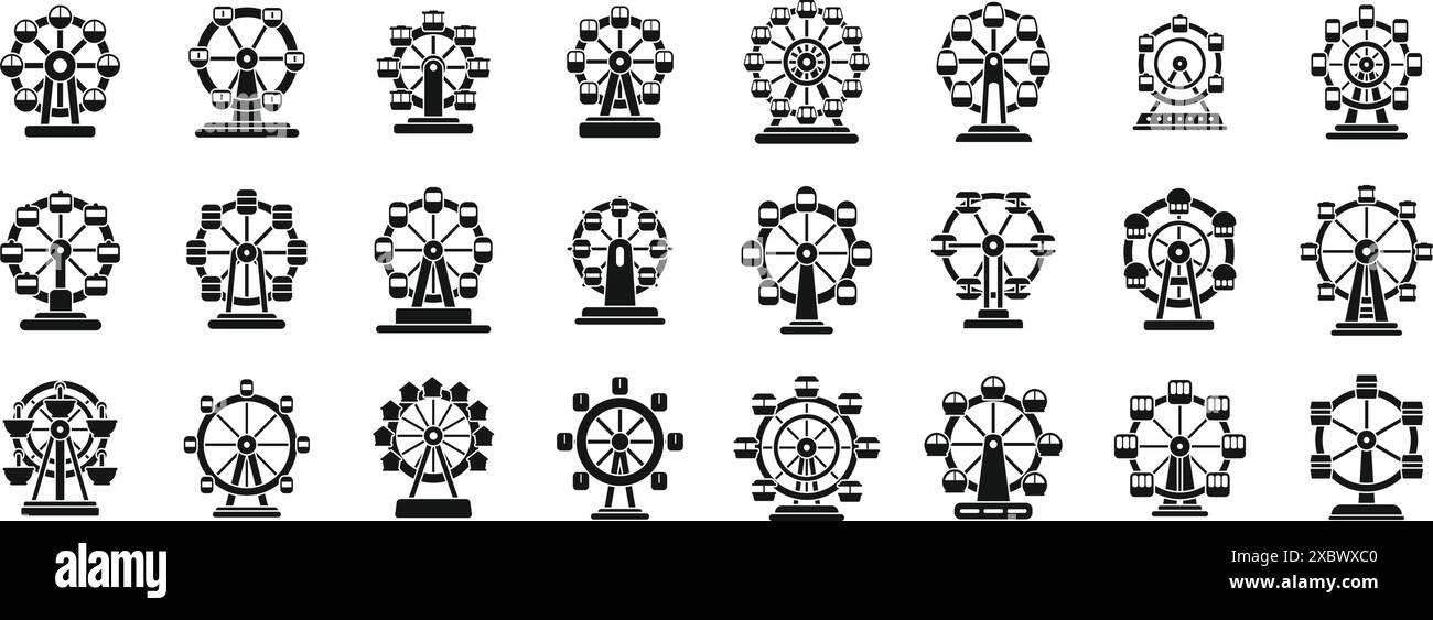 Ferris wheel icons set. Set of ferris wheel silhouette icons showing different observation ...