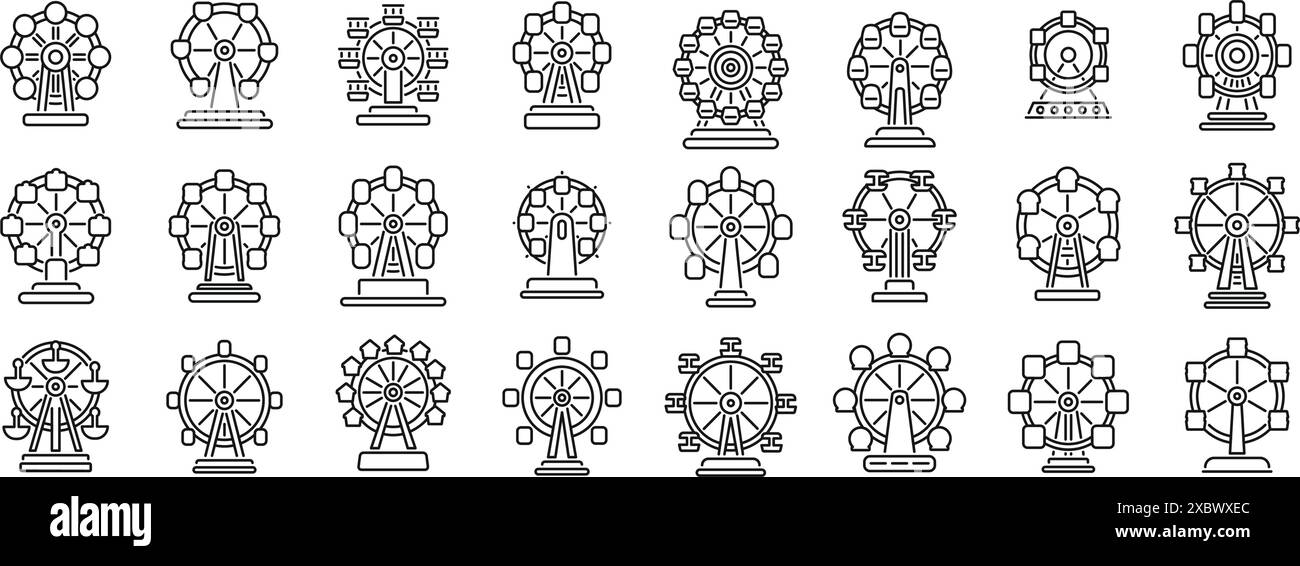 Ferris wheel icons set. Set of ferris wheel icons showing different observation wheels rotating ...
