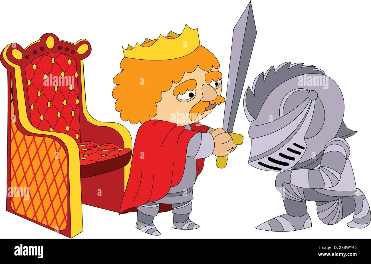 Cartoon illustration of a king knighting a kneeling soldier with a ...