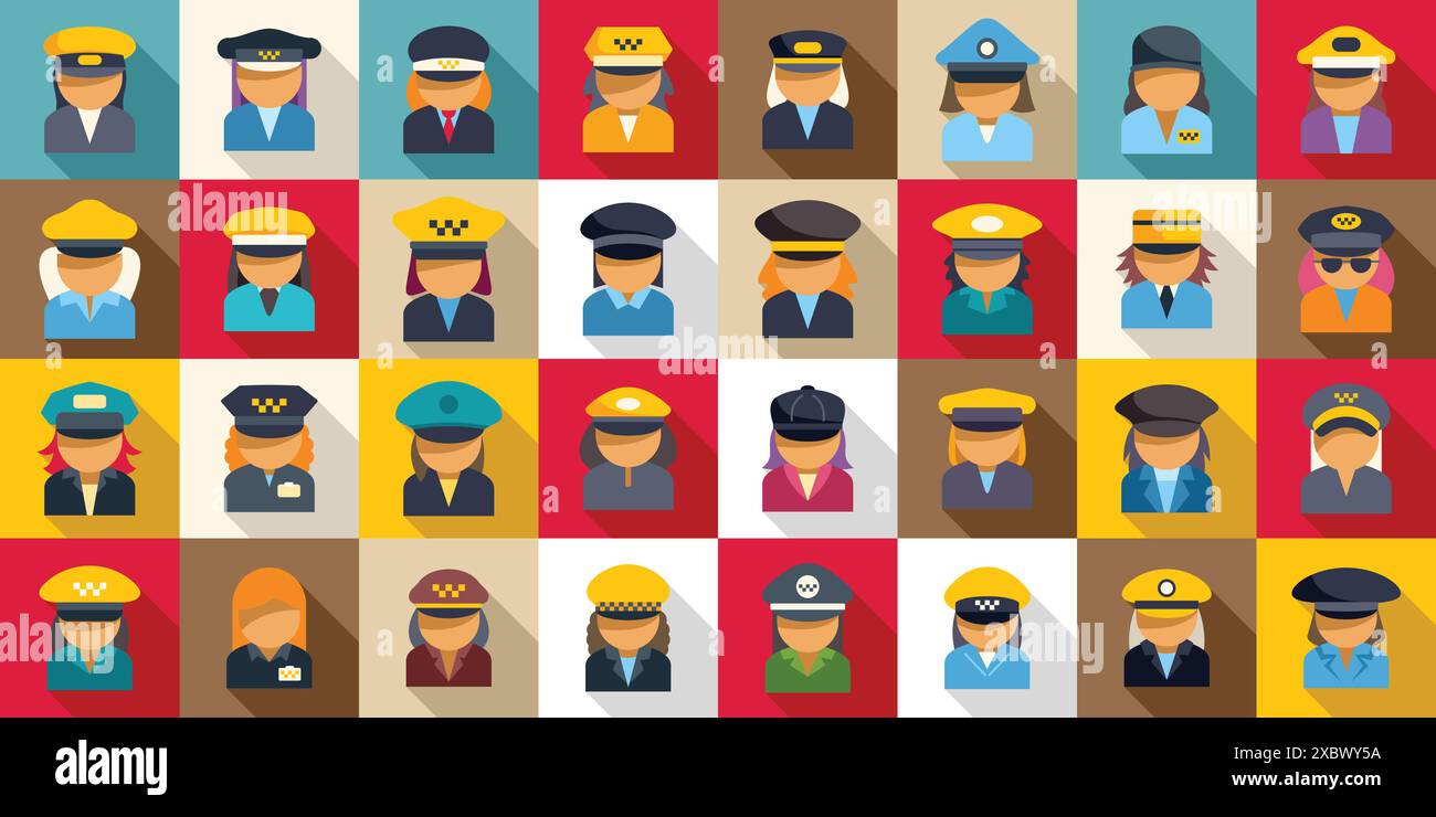 Taxi driver woman icons set. Female taxi driver avatars icons set in ...