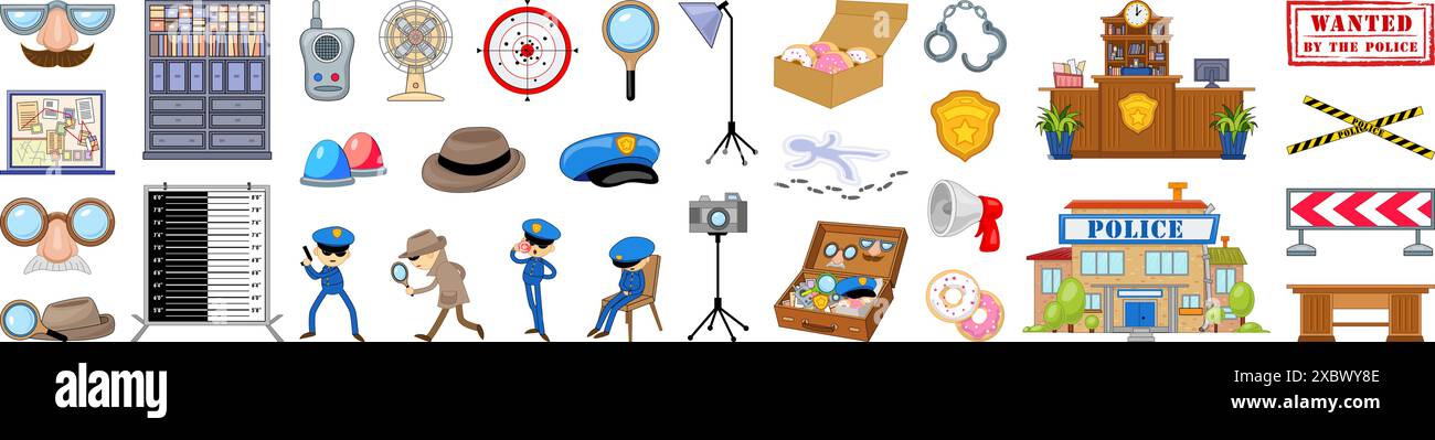 Police station icons set. Police officers investigating a crime scene ...