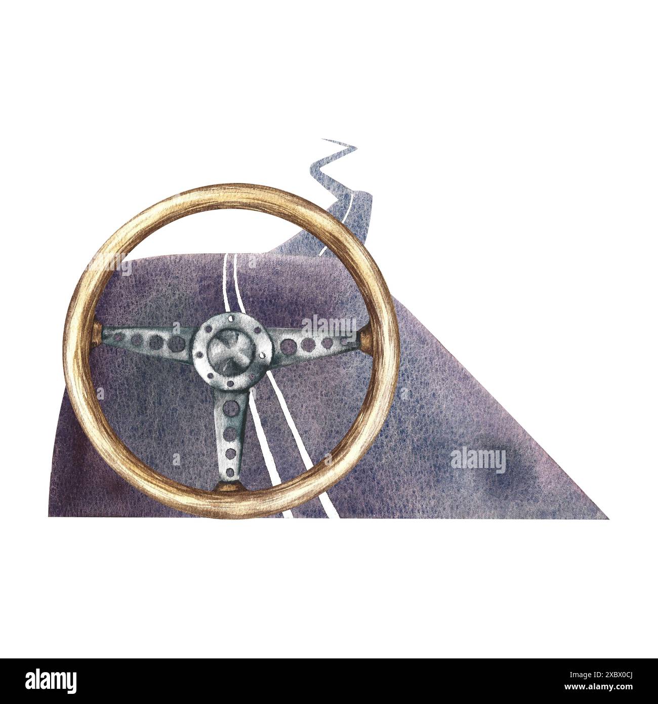 Paved road and steering wheel. The illustration is done in watercolor ...