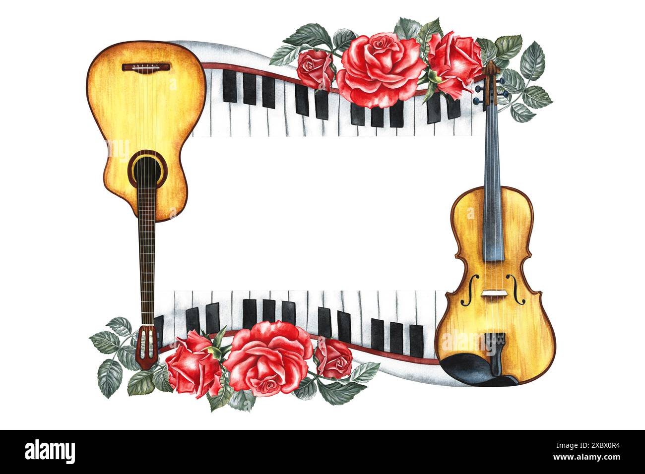 The frame is musical with guitars, piano keys, violin and red roses ...