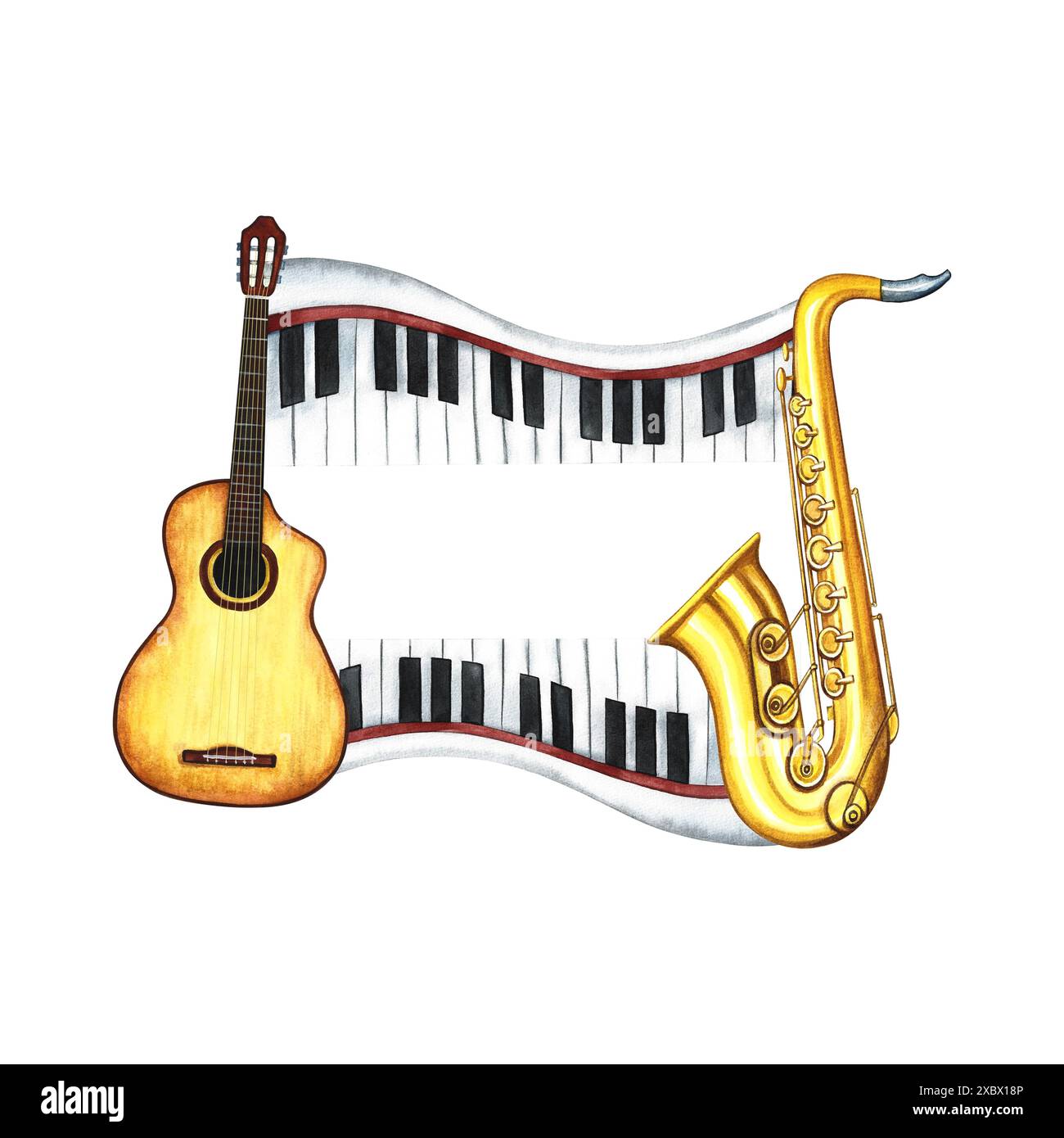 The frame is musical with guitars, piano keys and a saxophone. The ...