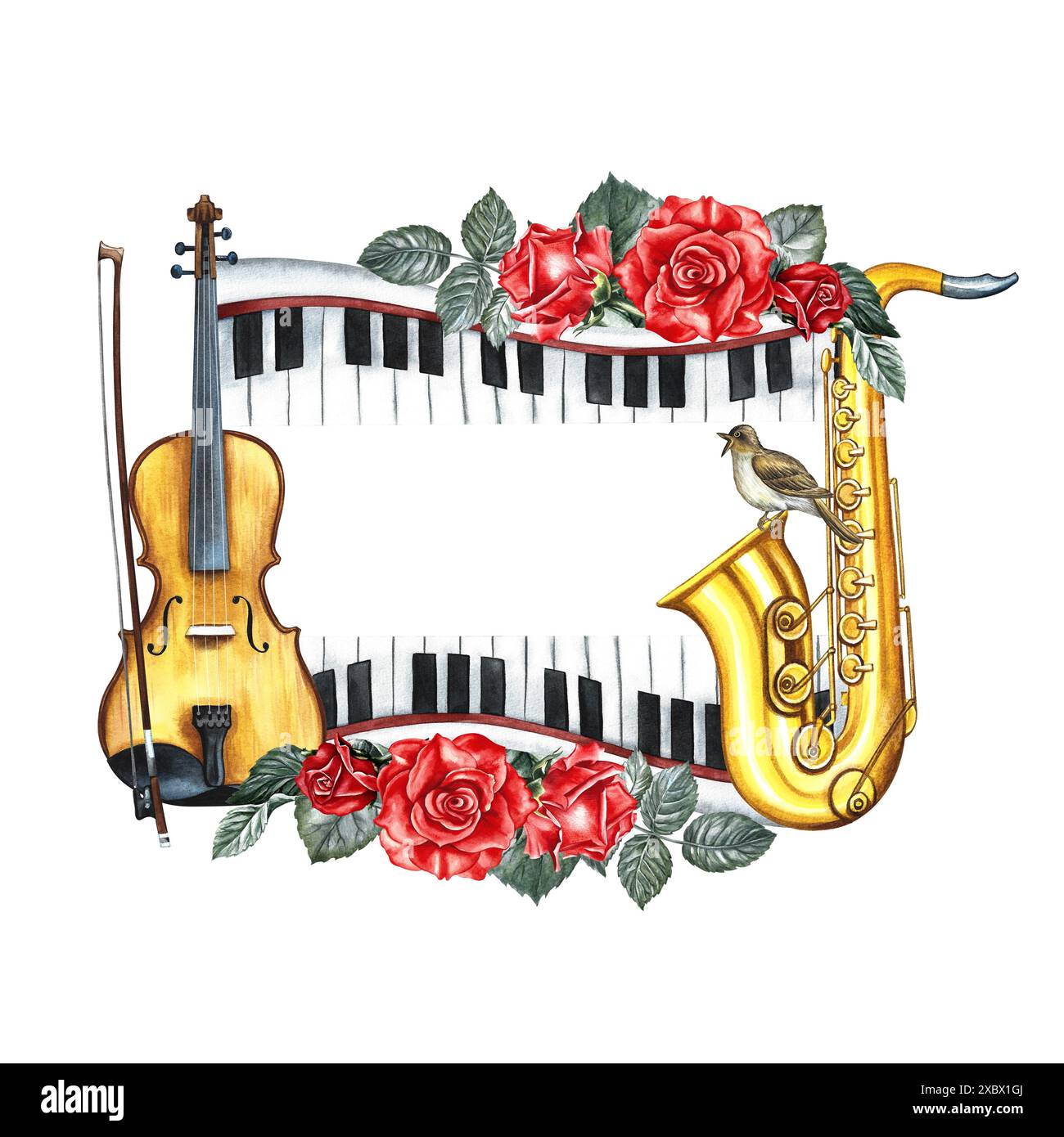 The frame is musical with a violin, piano keys and a saxophone ...