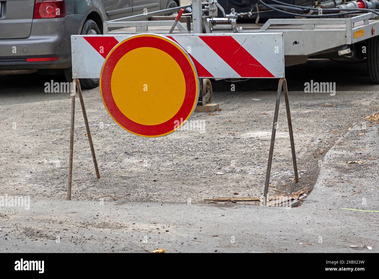 Traffic transport signs showing ban of car on the street during works ...