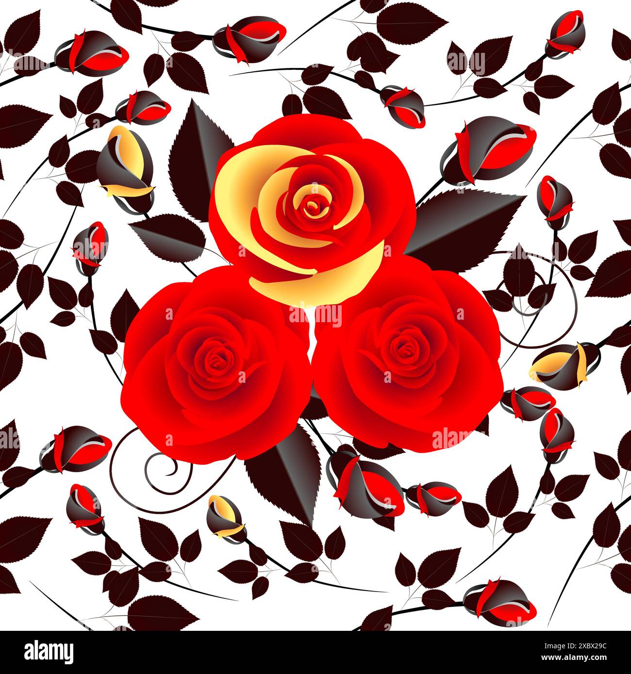 Bouquet of red roses on a white background seamless pattern Stock ...