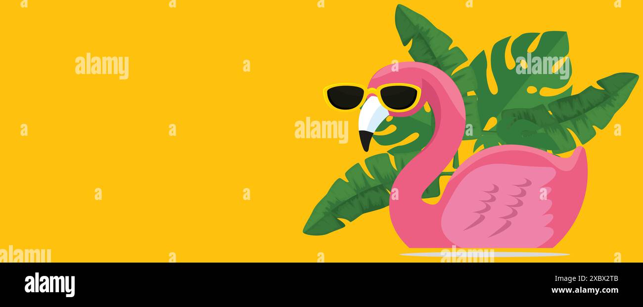Pink flamingo with sunglasses in front of leaf on yellow summer ...