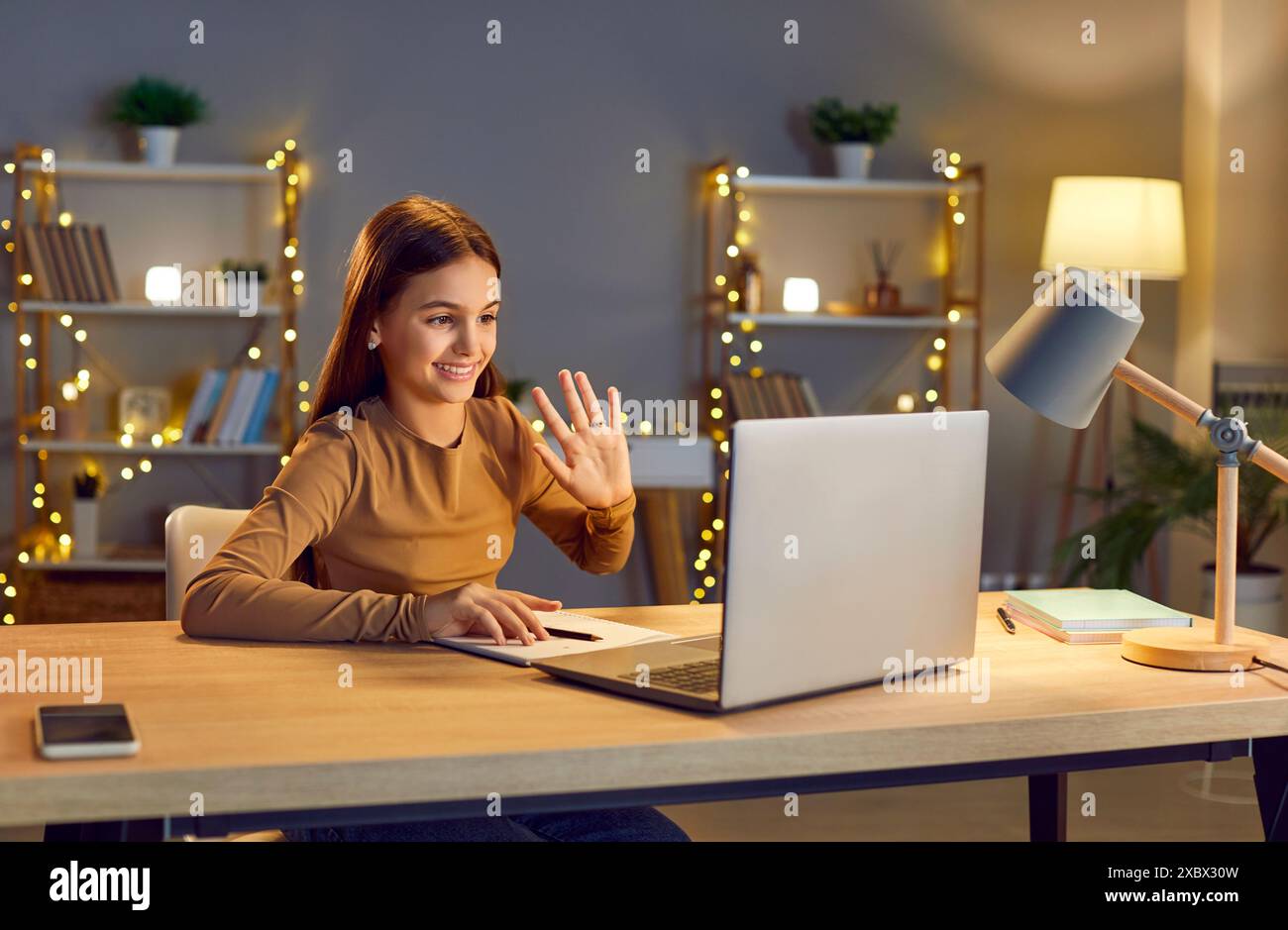 Online video call and chat interaction, teen girl communicating via ...