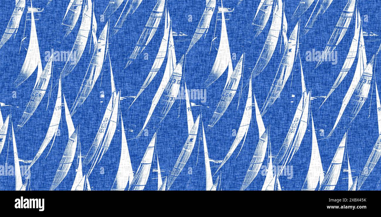 Coastal sail boat in azure ocean blue seamless border background ...