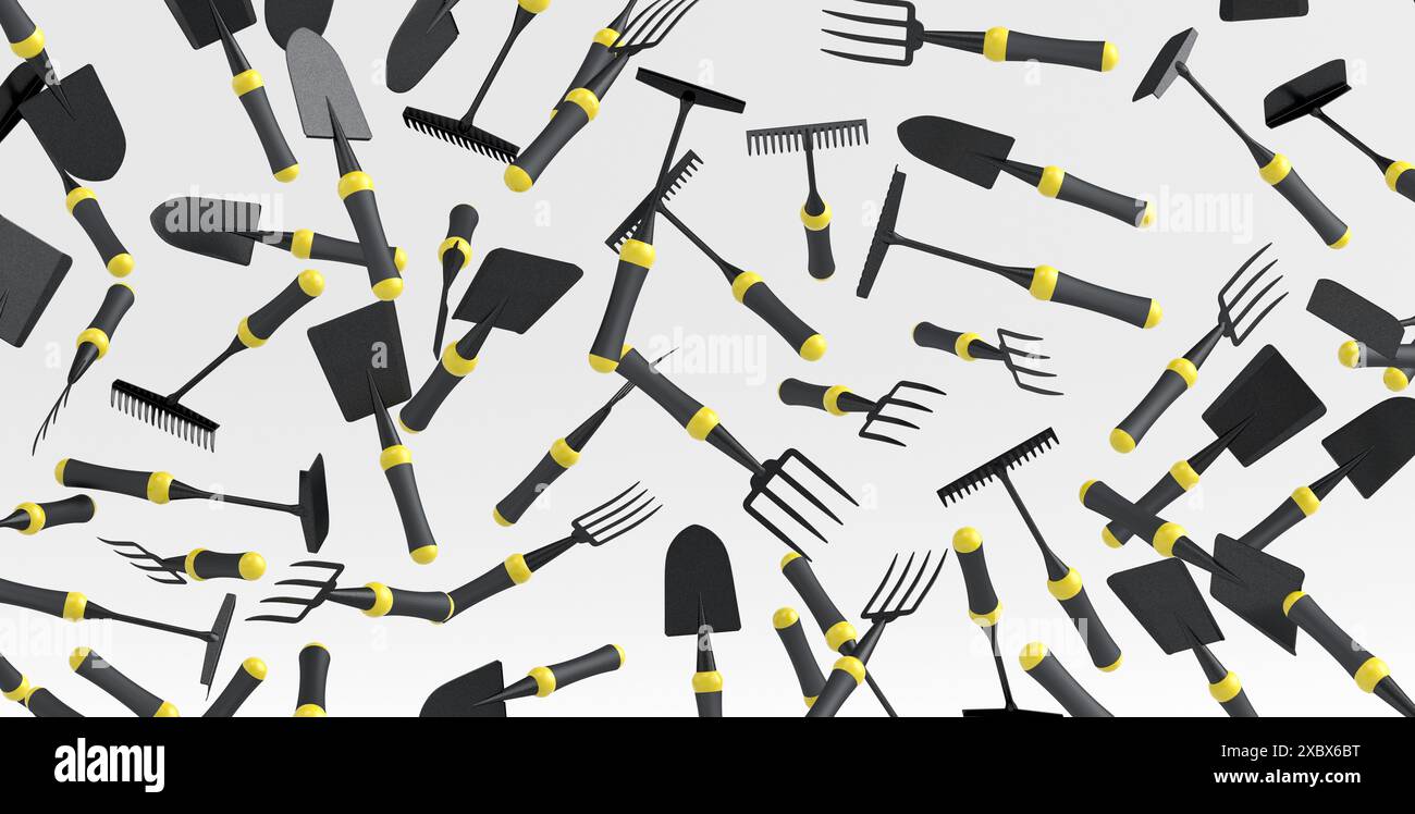 Many of flying garden shovel, pitchfork and rake on white background ...