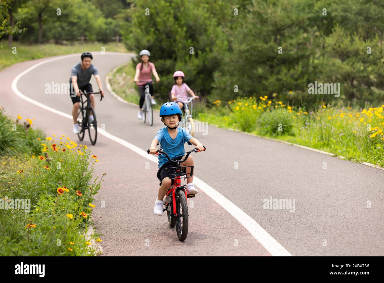 Chinese Family Riding Bicycles In A Park Stock Photo - Alamy