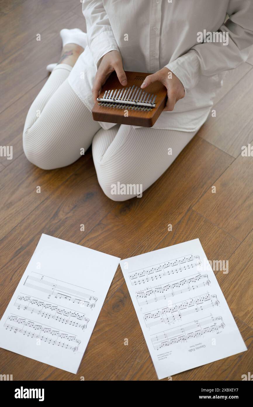 Kalimba in the hands of a young woman musician in white clothes Stock ...