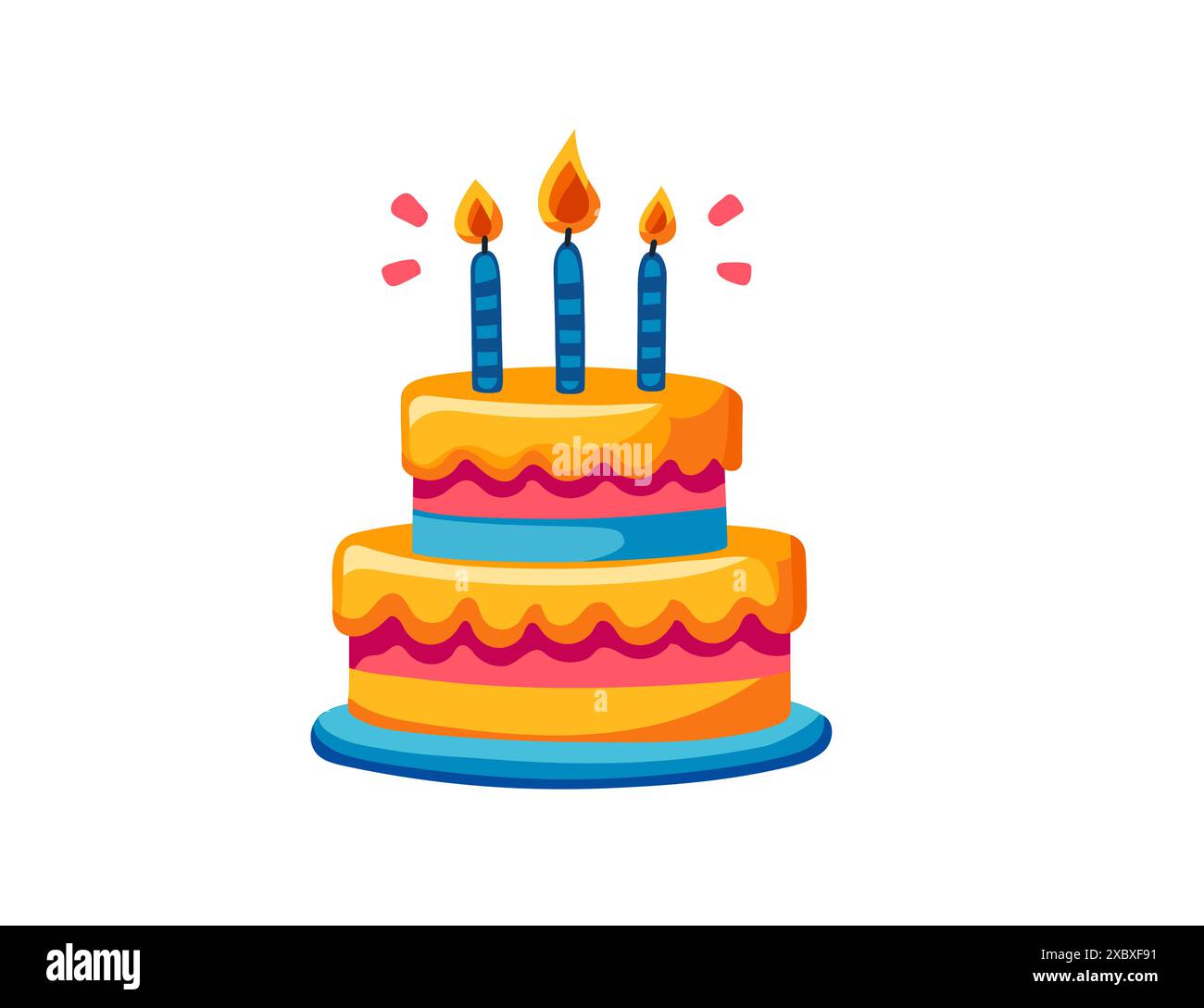 Double layer birthday cake with three burning candle vector ...