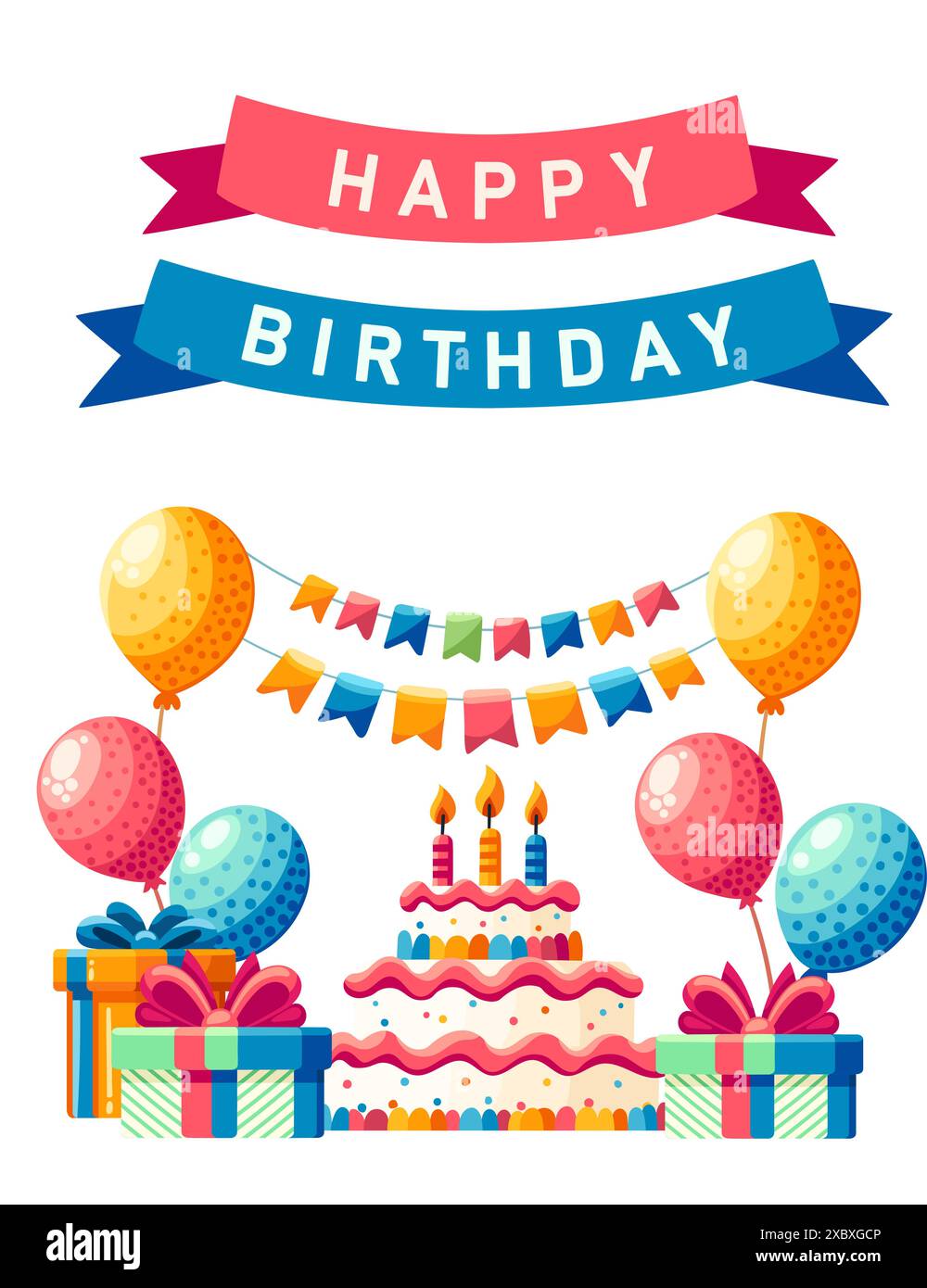 Vertical greetings card design with birthday cake balloons gift boxes ...