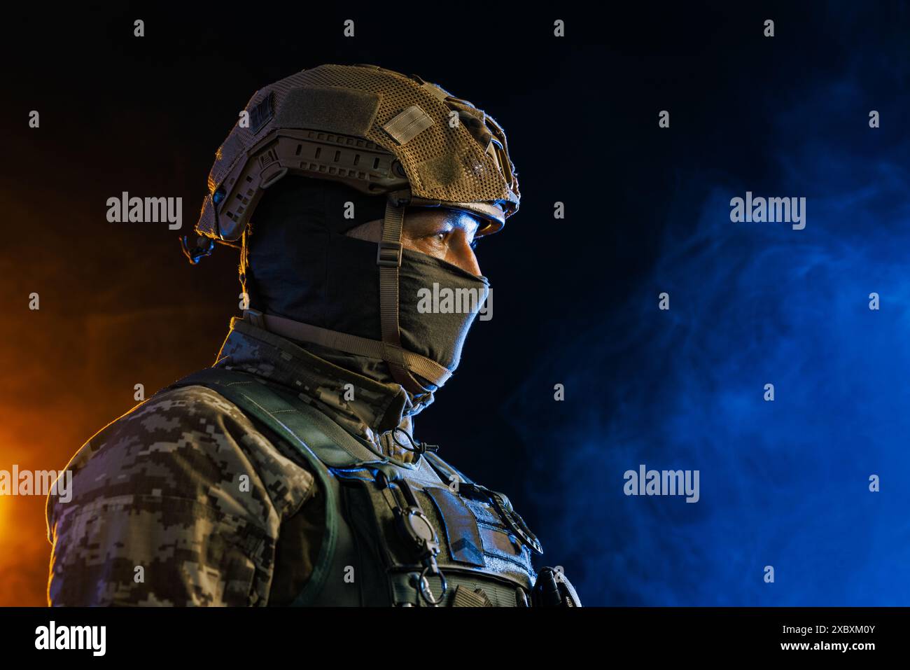 A portrait showcases a soldier in tactical gear against a backdrop of ...