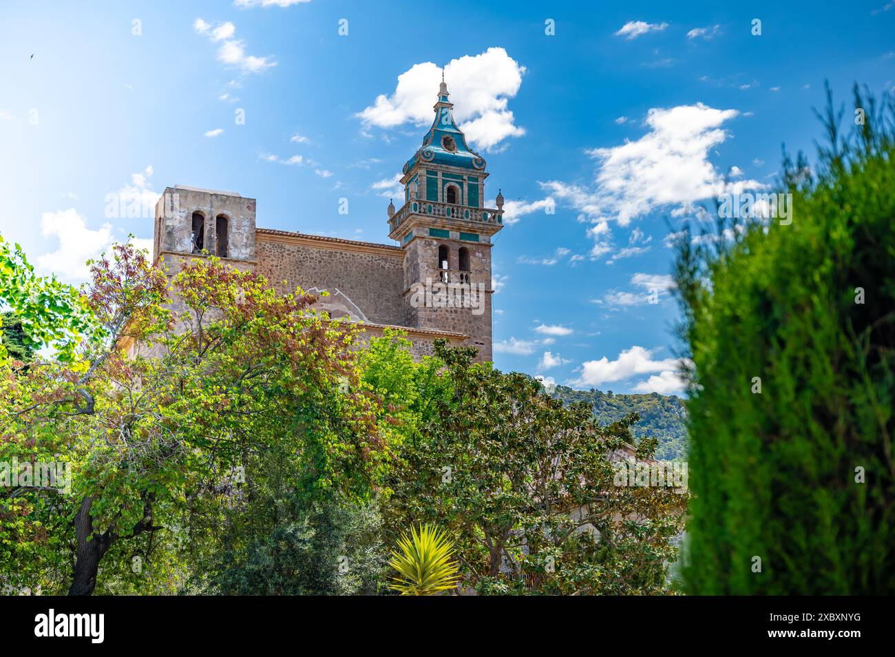 Iglesia de la Cartuja Church Tower, Valldemossa, Majorca, during sunny ...