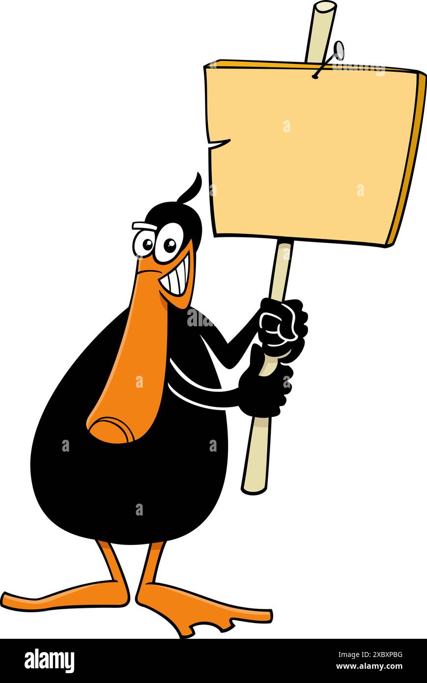 Cartoon illustration of funny black duck animal character with blank ...