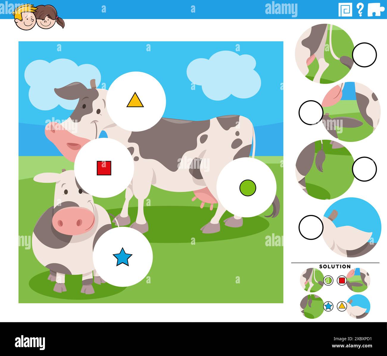 Cartoon illustration of educational match the pieces jigsaw puzzle game with cow and calf farm ...