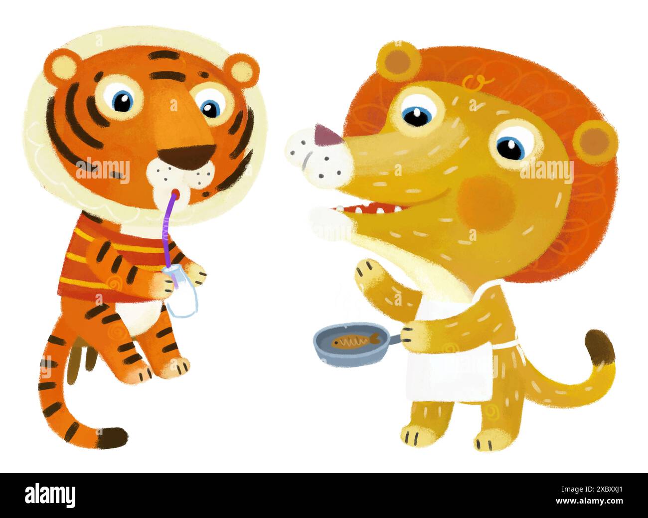 cartoon scene with happy little boy tiger cat and lion cooking having ...
