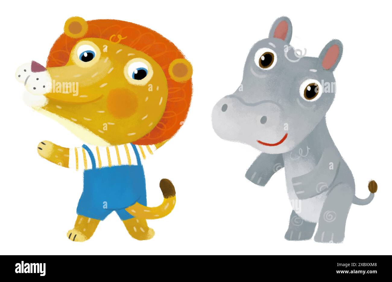 cartoon scene with happy little boy lion cat and hippo hippopotamus ...